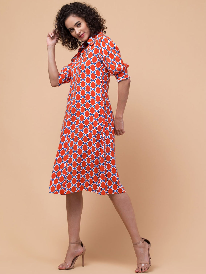 Tangerine Tango Orange Ethnic Motifs A-Line Dress with Mandarin Collar ...