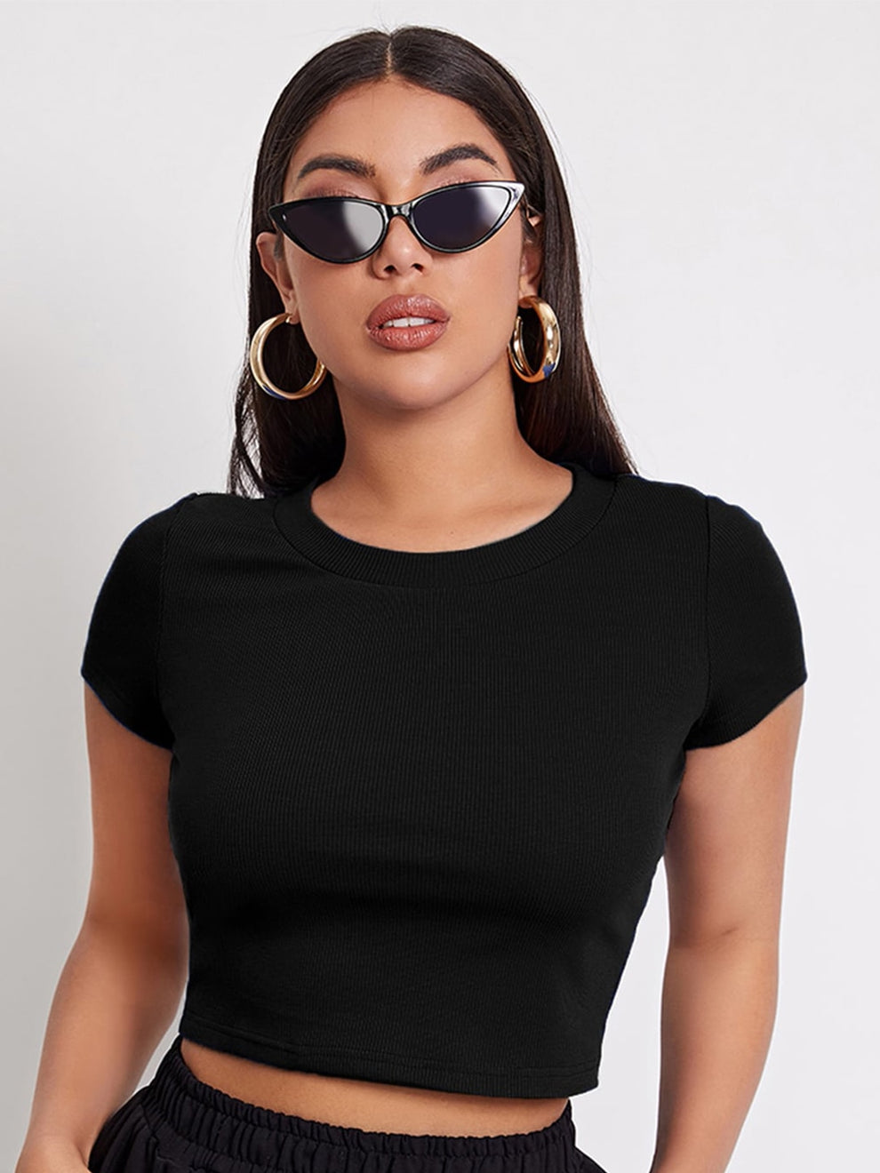 Sleek Noir Solid Black Short Sleeve Crop Fitted Top By Wyshlist