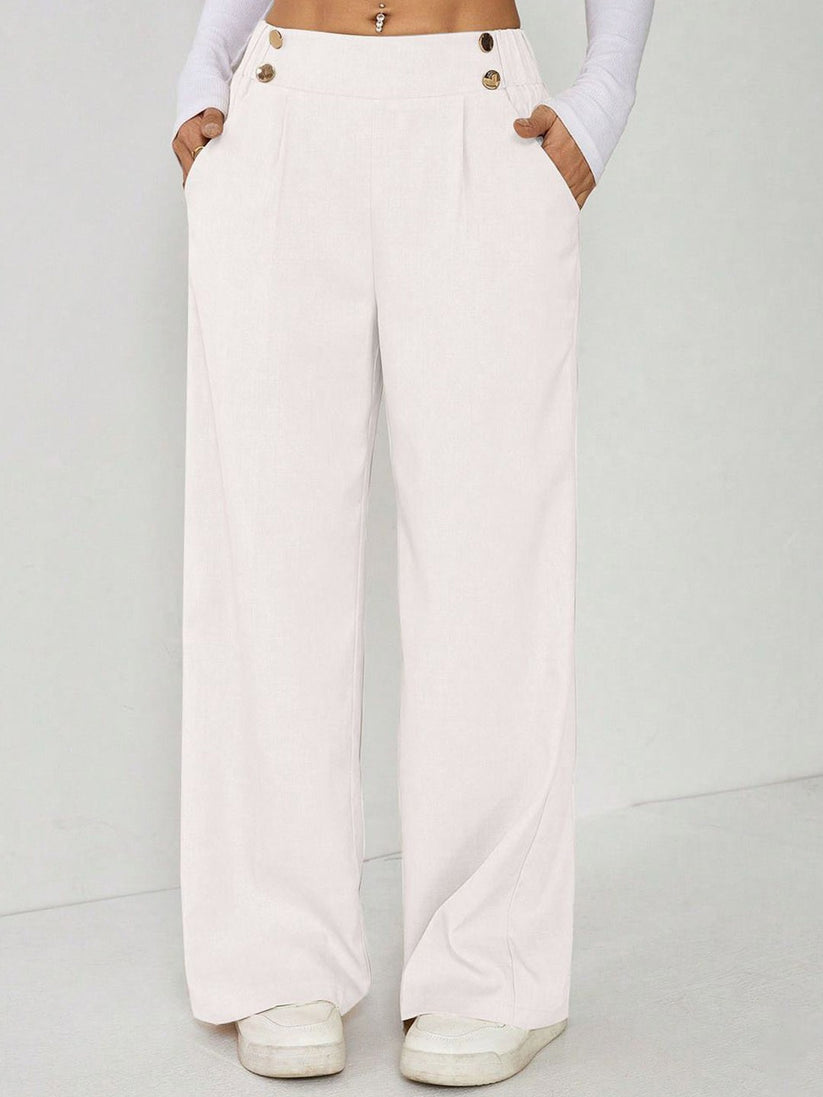 White solid snap button High-Rise Pants by Wyshlist