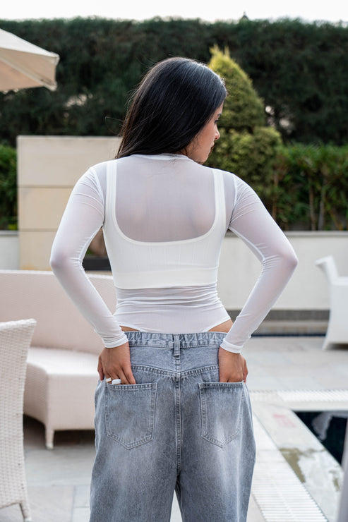 White Solid Mesh Bodysuit by Wyshlist